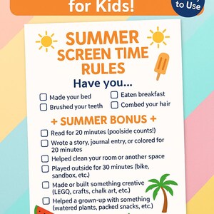 Summer Screen Time Checklist for Kids: Printable Summer Rules - Etsy