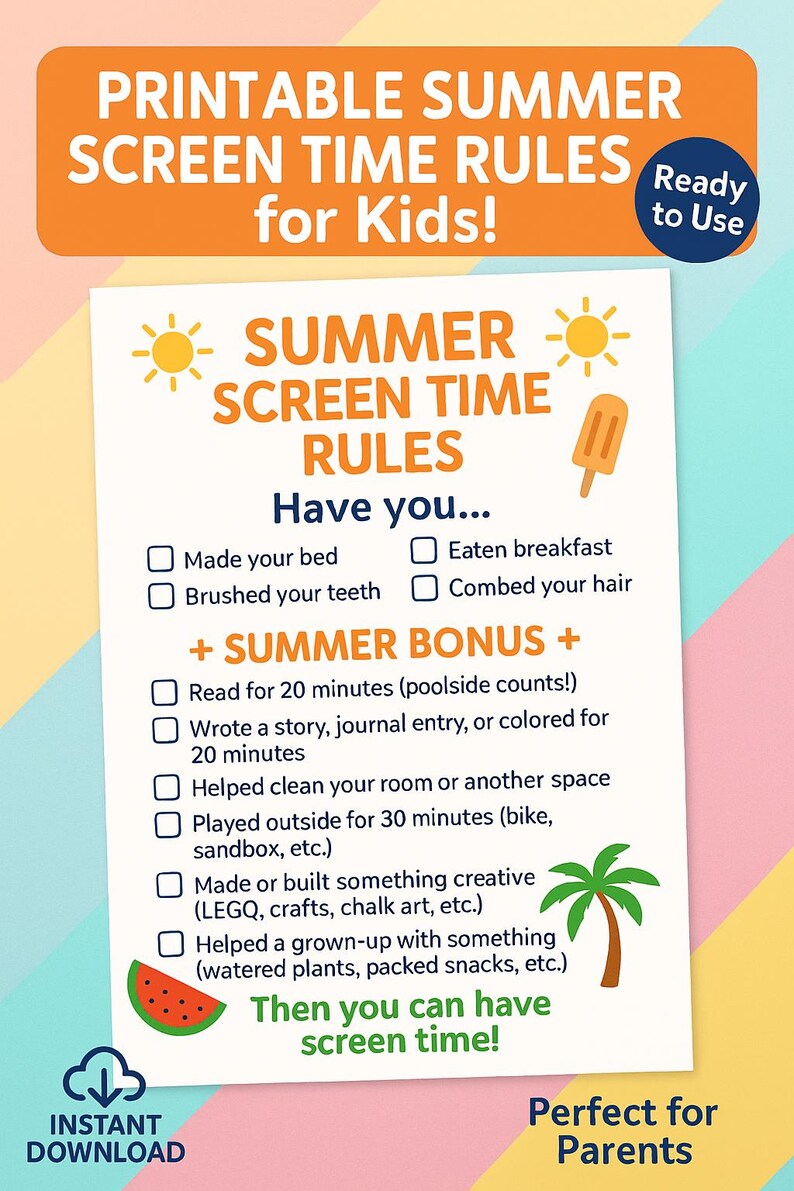 Summer Screen Time Checklist for Kids: Printable Summer Rules - Etsy