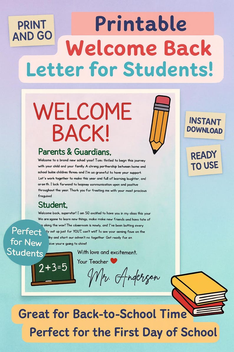 Printable Welcome Back Letter From Teacher: First Day of School Note ...