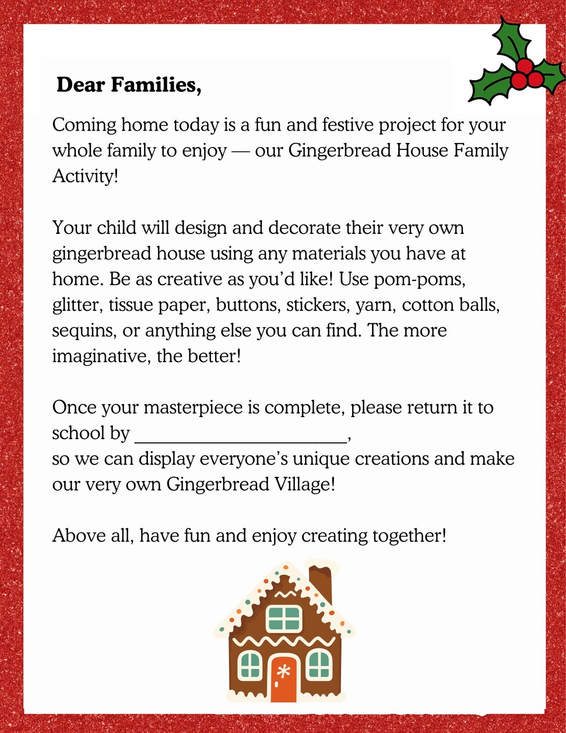 Gingerbread House Family Project – Holiday School Activity Printable - Etsy