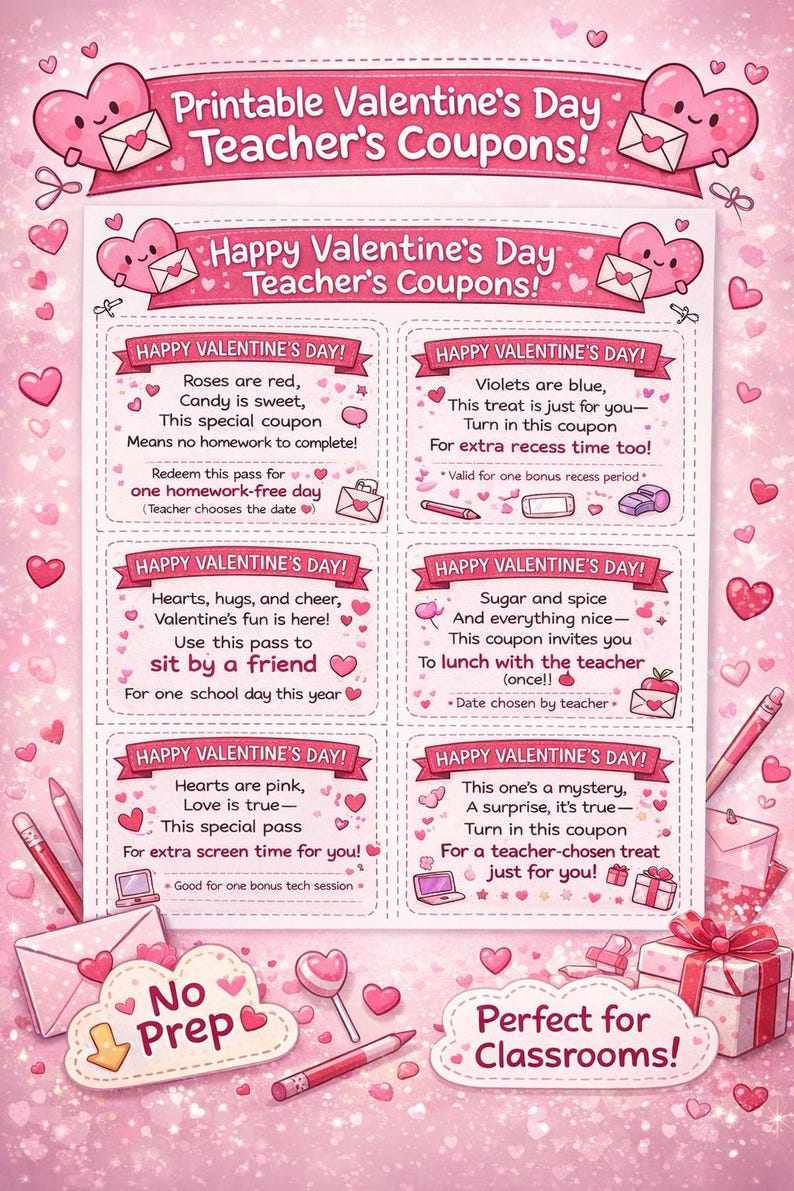 Printable Valentine’s Day Teacher Coupons | Classroom Rewards | No Prep ...