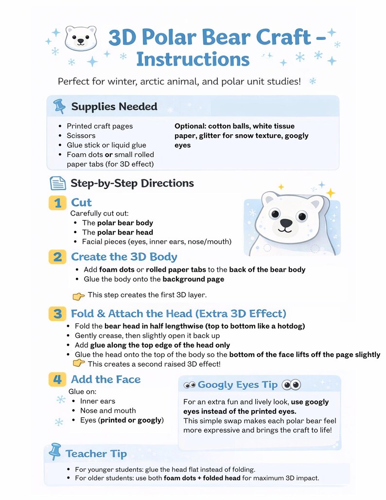 3D Polar Bear Craft – No Prep Winter Arctic Animal Activity for Kids - Etsy