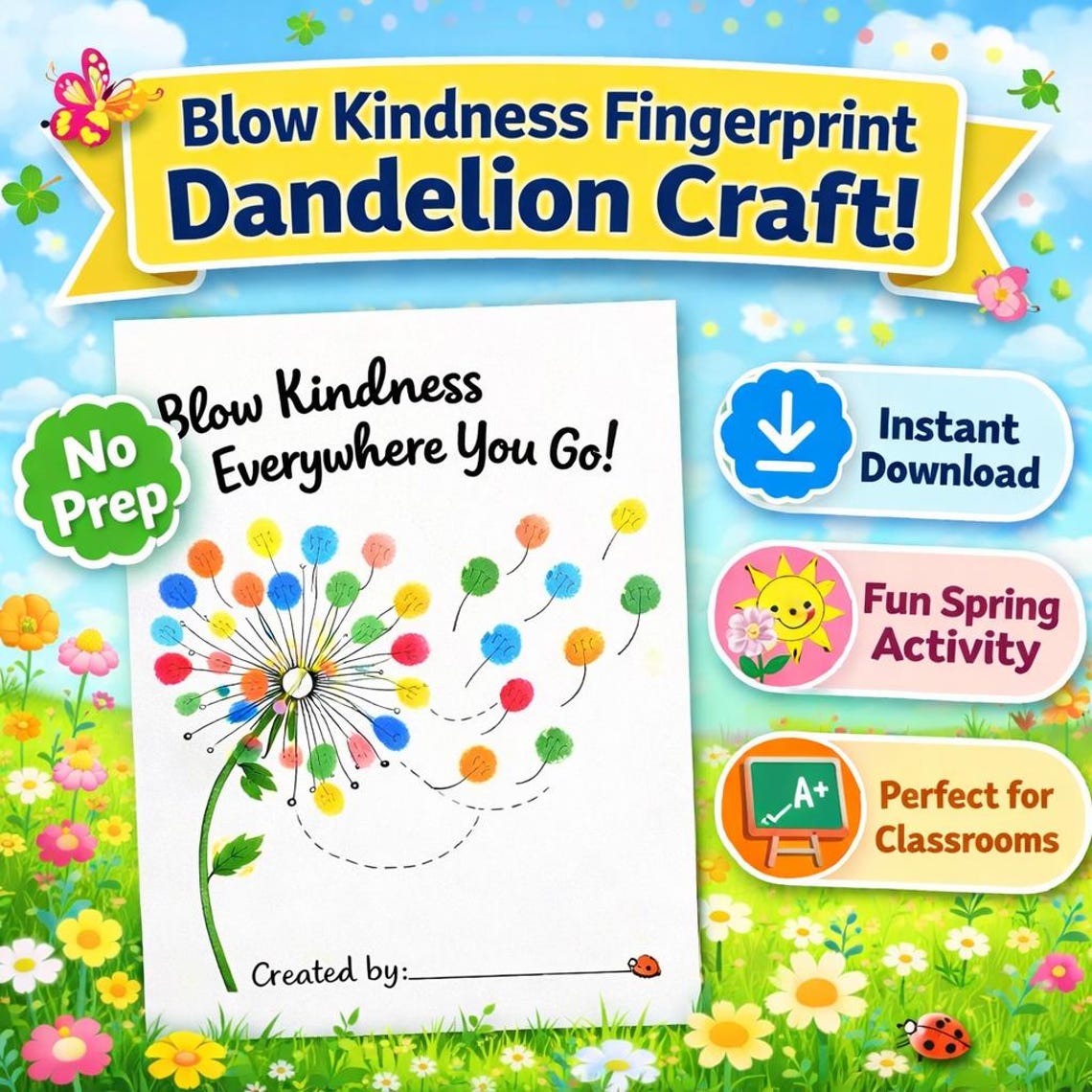 Fingerprint Dandelion Craft | Kindness Spring Art, Classroom Activity ...