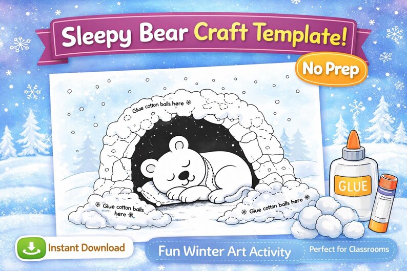 Sleepy Bear Hibernation Craft | Winter Animal Cotton Ball Art Activity ...