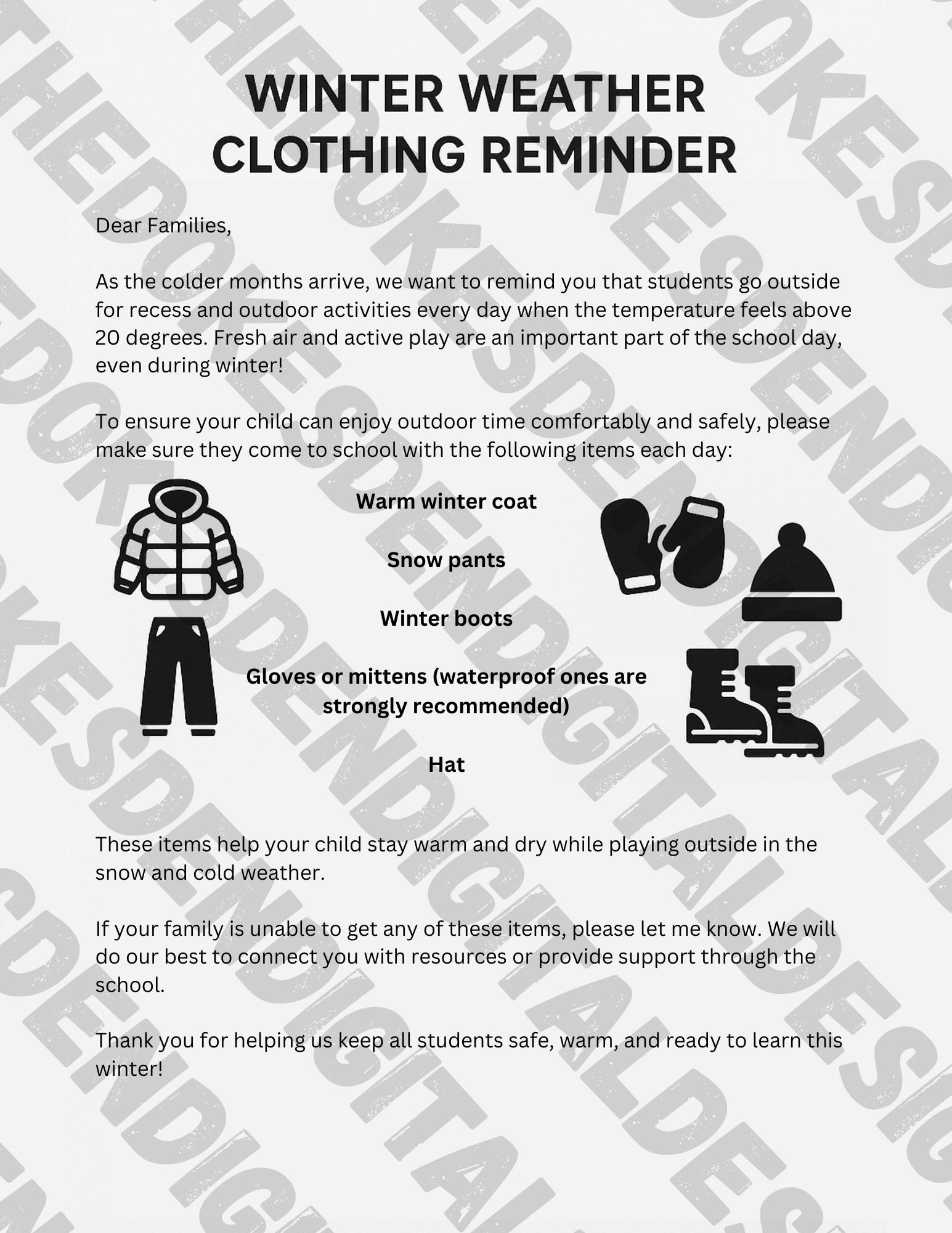 Winter Weather Clothing Reminder Letter for Parents | Teacher & Daycare ...