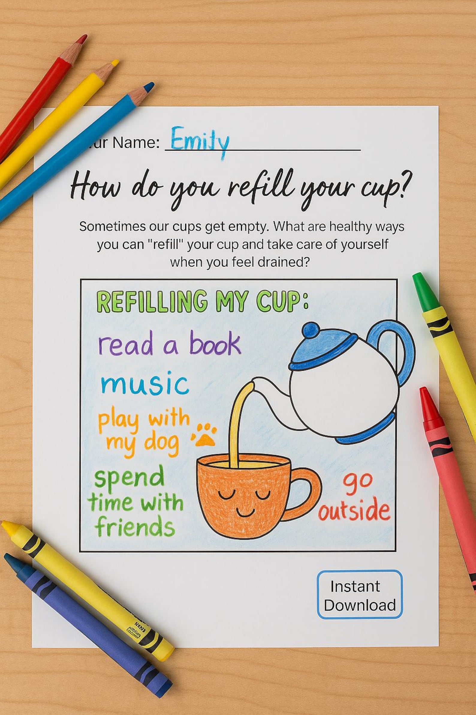 SEL Worksheet: Self-care Activity for Kids - Refill Your Cup (PDF ...