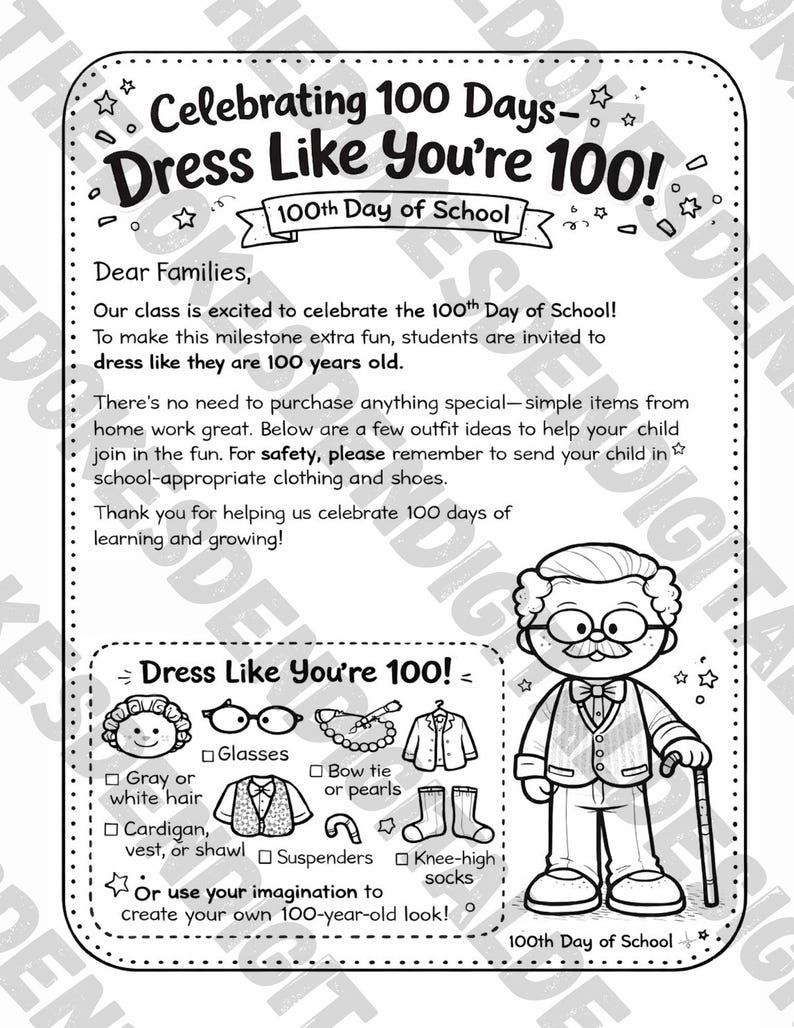 100th Day of School Dress Like You’re 100 Handout | Classroom Parent ...
