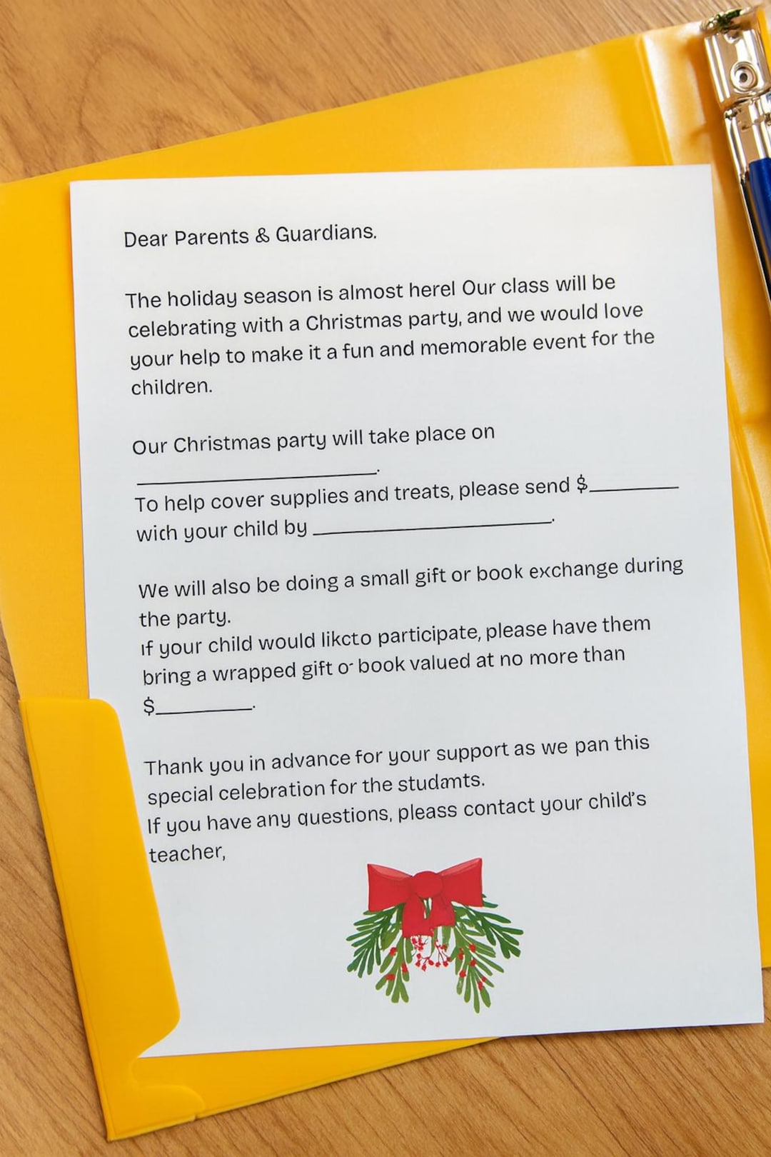 Christmas Classroom Party Parent Letter - Etsy