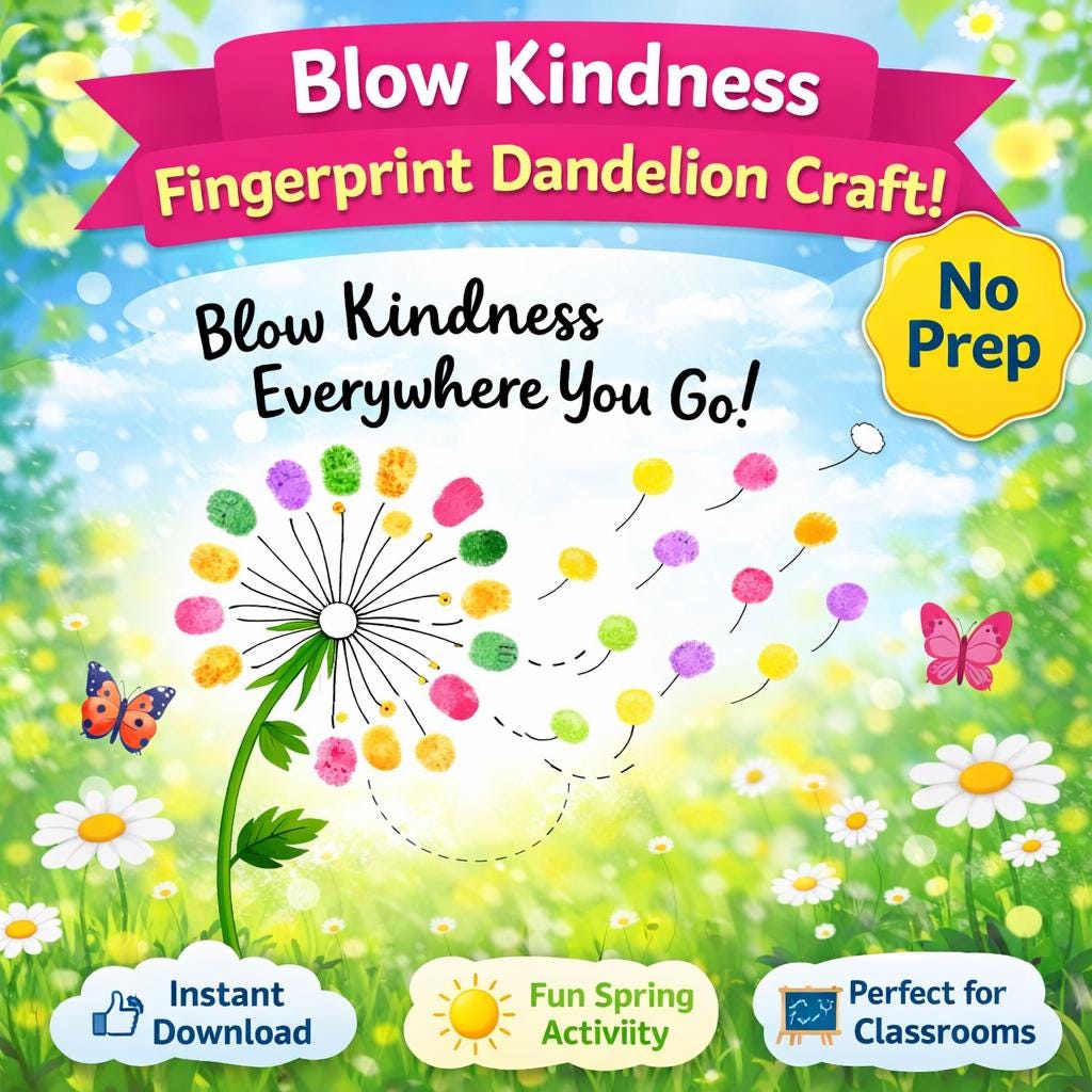 Fingerprint Dandelion Craft | Kindness Spring Art, Classroom Activity ...