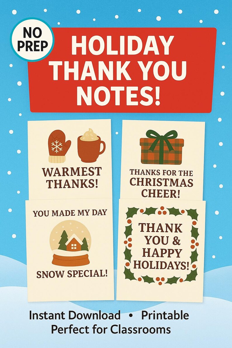 Christmas Thank You Notes for Students | Teacher Gift Cards (printable ...