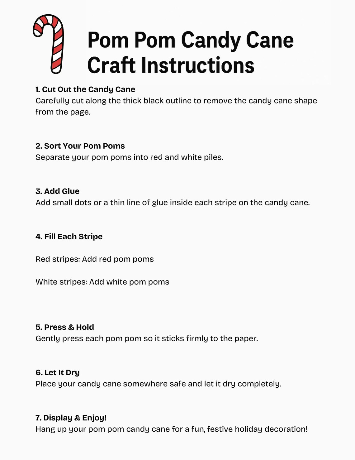Pom Pom Candy Cane Craft for Kids | Christmas Fine Motor Activity - Etsy