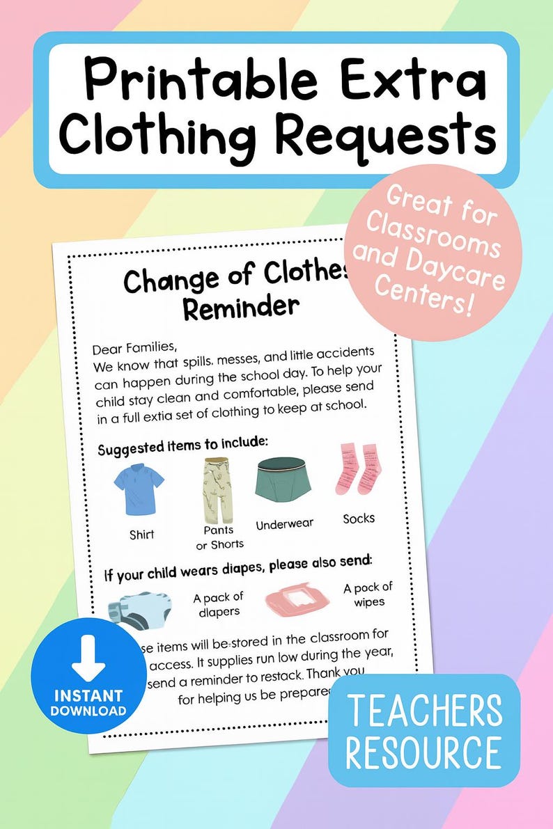 Change of Clothes Reminder Note for Teachers: Classroom Printable (PDF ...