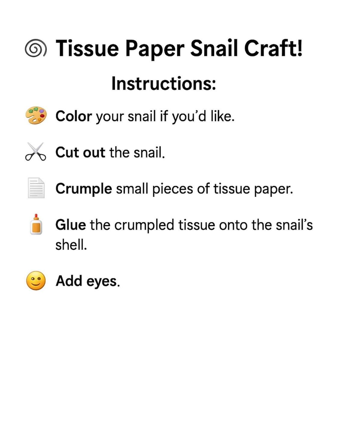 Tissue Paper Snail Craft: Printable Kids Activity (PDF Download - Etsy ...