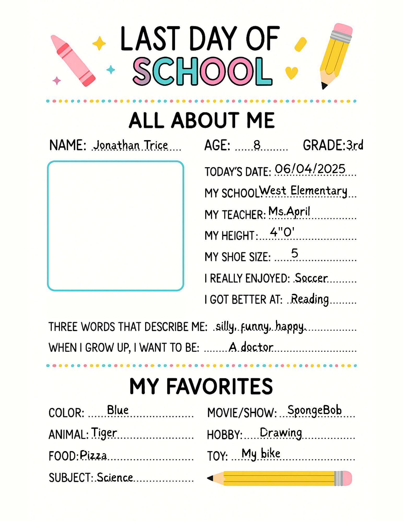 Last Day of School Worksheet: Printable Memory Page (PDF Download) - Etsy