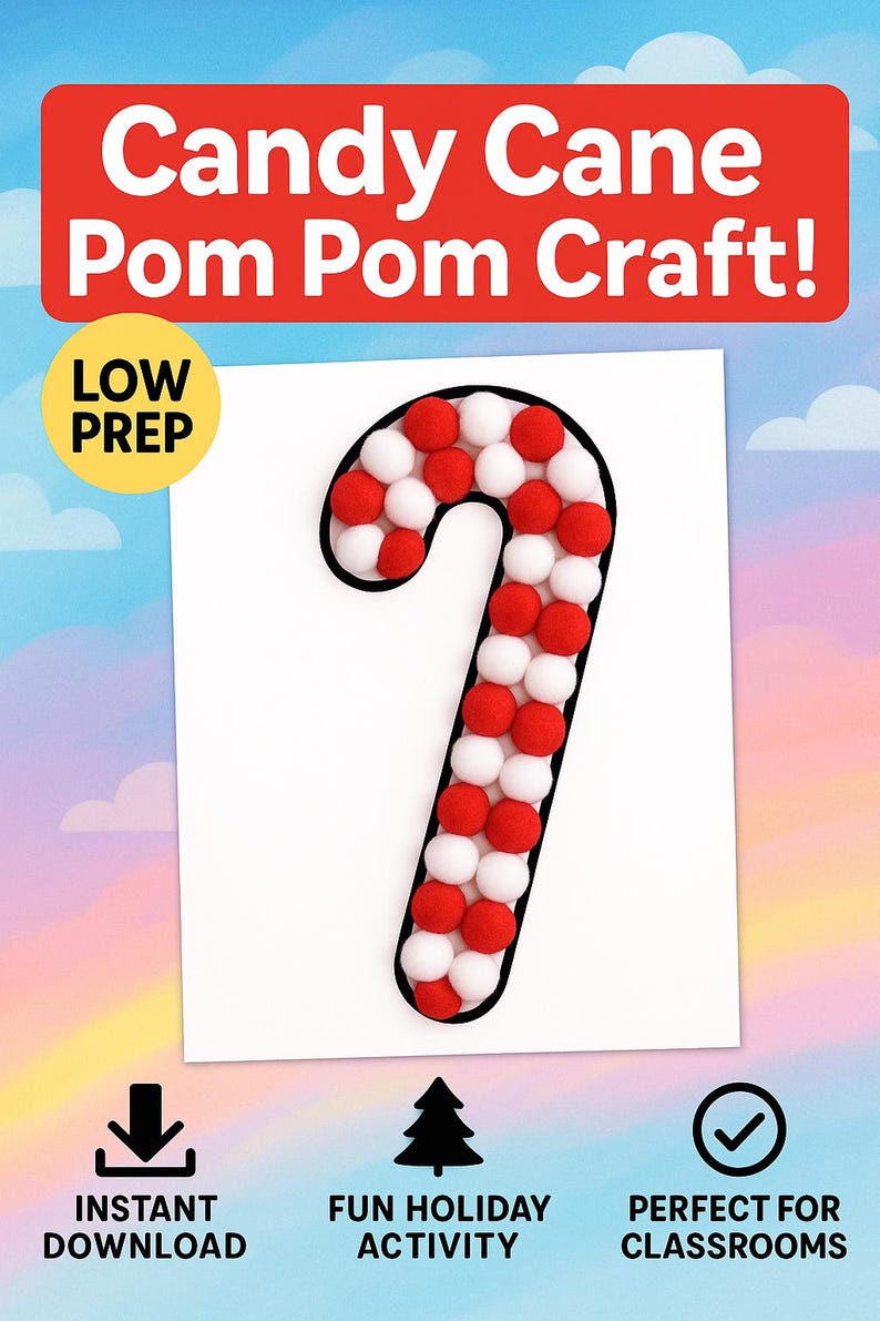 Pom Pom Candy Cane Craft for Kids | Christmas Fine Motor Activity - Etsy