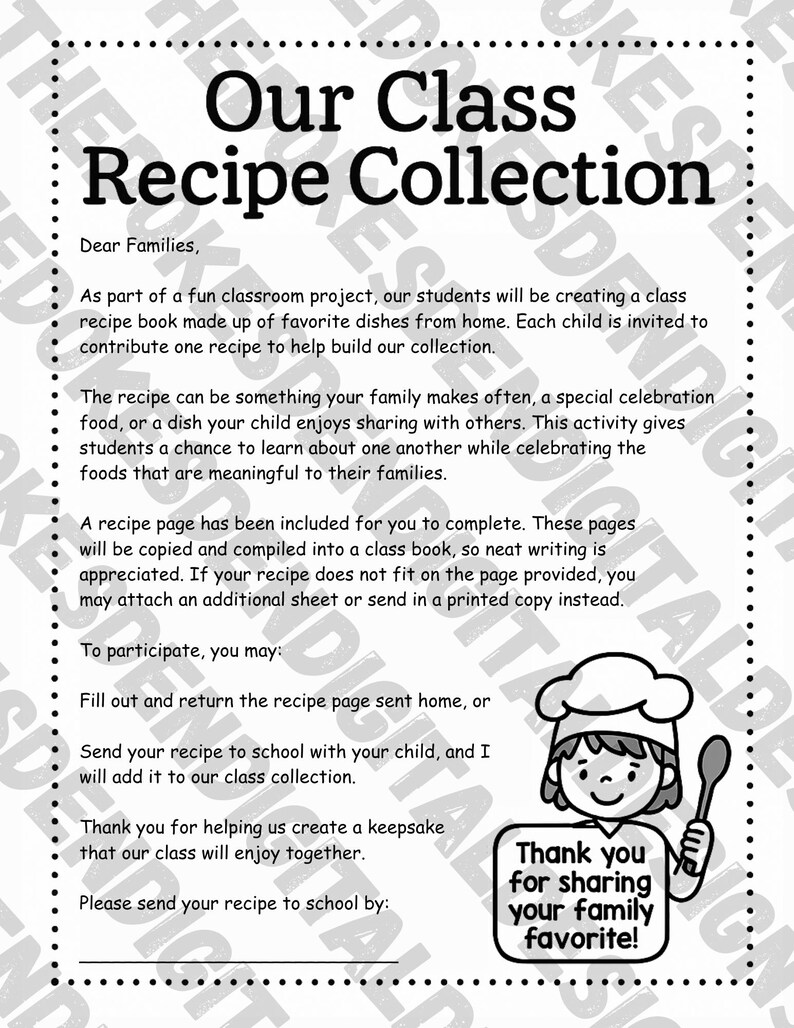 Our Class Recipe Collection Letter | Family Classroom Project - Etsy