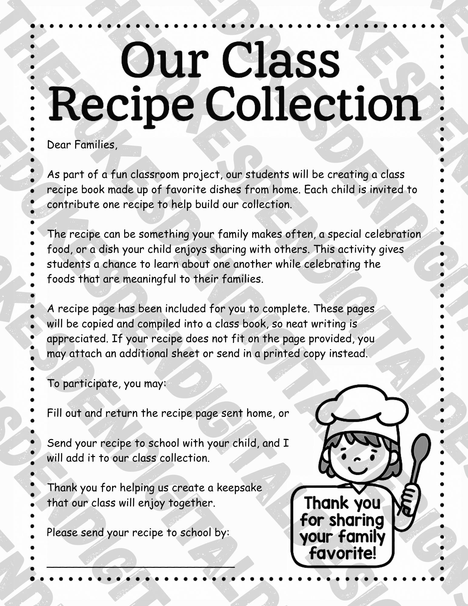 Our Class Recipe Collection Letter | Family Classroom Project - Etsy