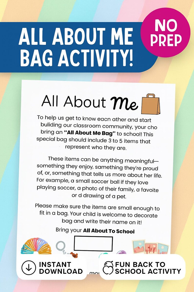 All About Me Bag Activity: Back to School Icebreaker (PDF Printable ...