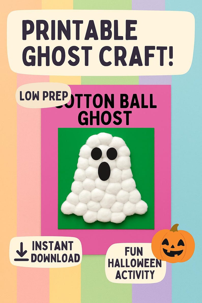 Cotton Ball Ghost Craft: Printable Halloween Activity for Kids (PDF ...