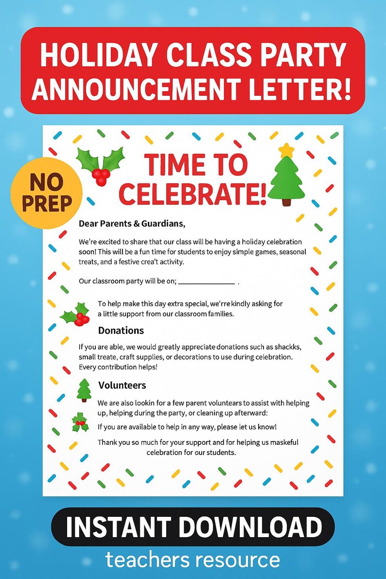 Holiday Classroom Party Parent Letter | Color + B&W | Party ...