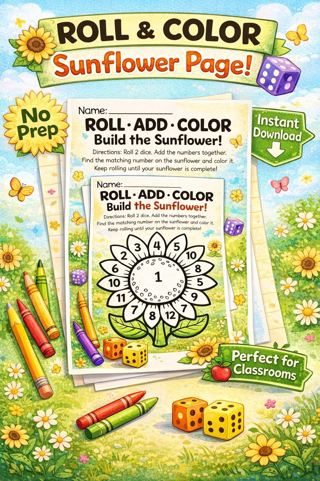 Sunflower Dice Addition Game | Roll, Add, Color Math Worksheet ...