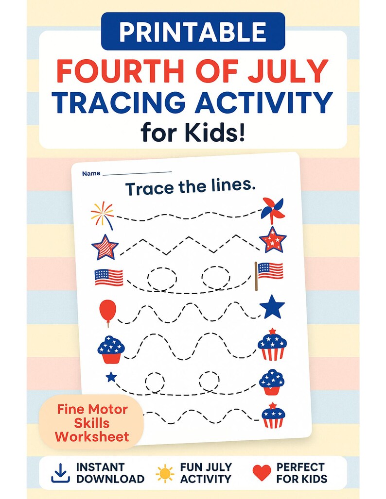 Fourth of July Tracing Worksheet: Summer Fine Motor Skills Builder ...