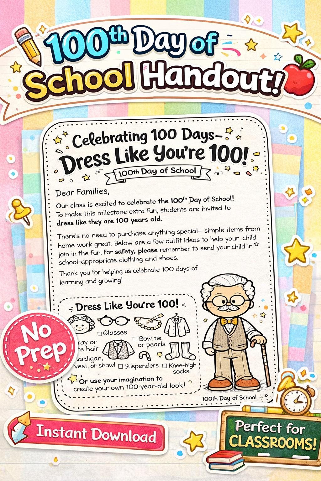 100th Day of School Dress Like You’re 100 Handout | Classroom Parent ...