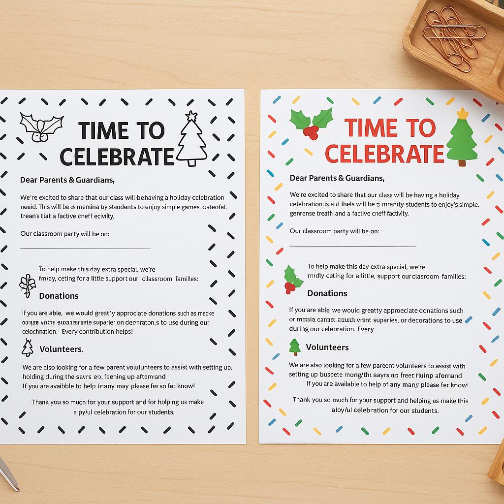 Holiday Classroom Party Parent Letter | Color + B&W | Party ...