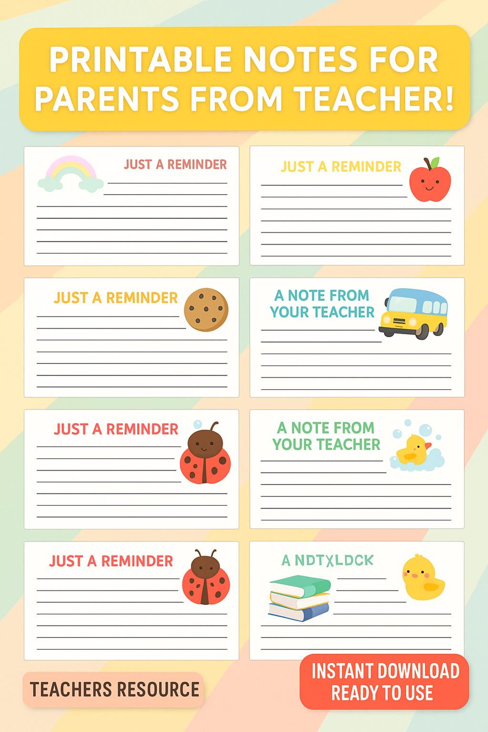 Printable Teacher Note Cards | Home Communication Templates (PDF) - Etsy