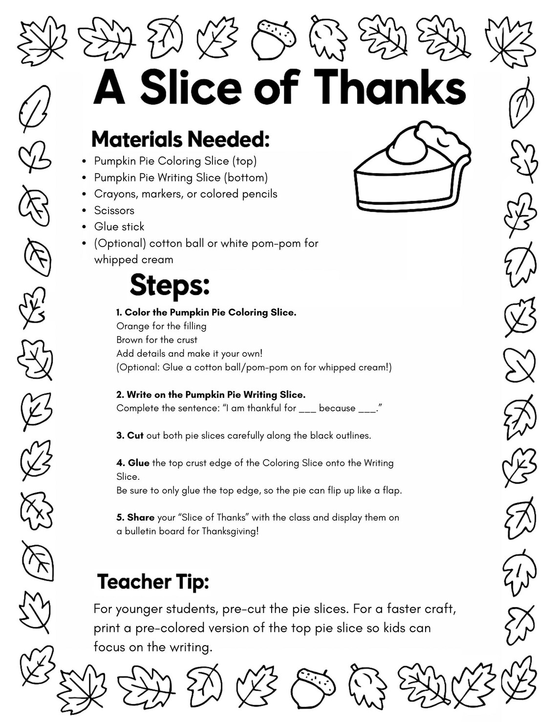 Printable “A Slice of Thanks” Thanksgiving Craft for Kids - Etsy