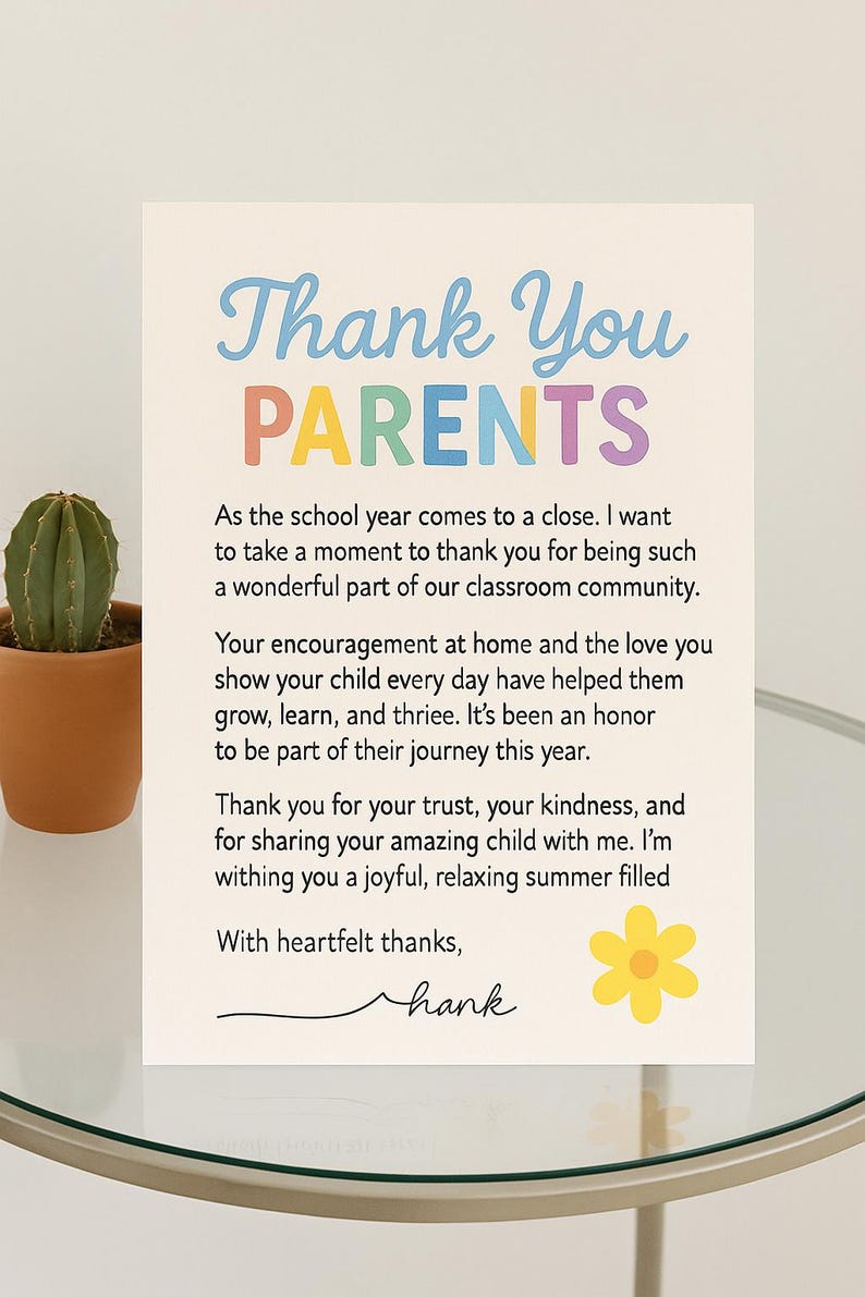 End of Year Parent Thank You – Heartfelt Printable Note - Etsy