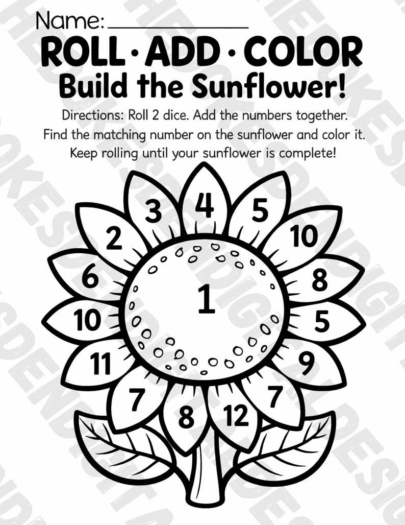Sunflower Dice Addition Game | Roll, Add, Color Math Worksheet ...
