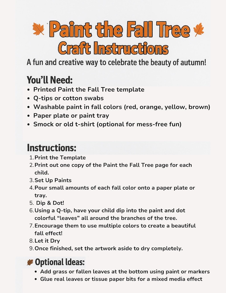 Fall Tree Q-tip Painting Craft: Printable Art Template (digital ...
