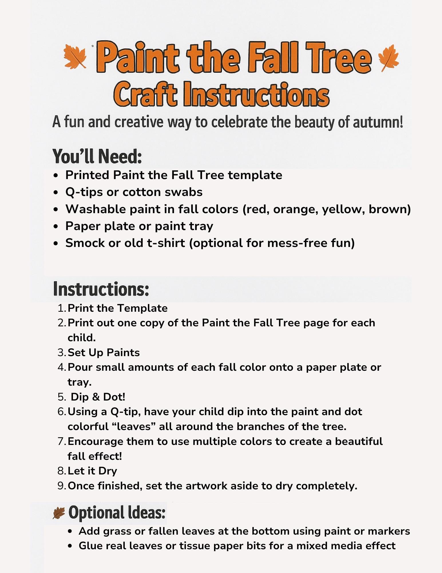 Fall Tree Q-tip Painting Craft: Printable Art Template (digital ...