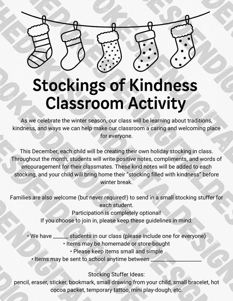 Kindness Stocking Classroom Activity | Parent Handout - Etsy