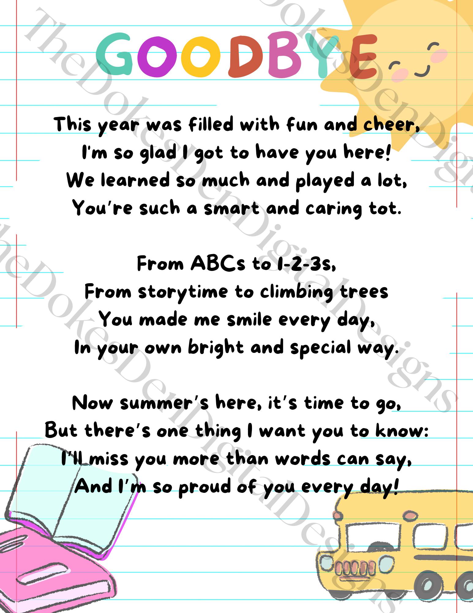 End of Year Teacher Goodbye Letter: Printable Poem (PDF) - Etsy