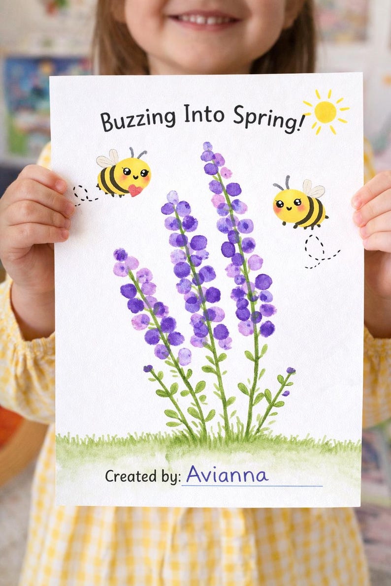 Lavender Bee Fingerprint Art | Spring Kids Activity (PDF Pattern) - Etsy