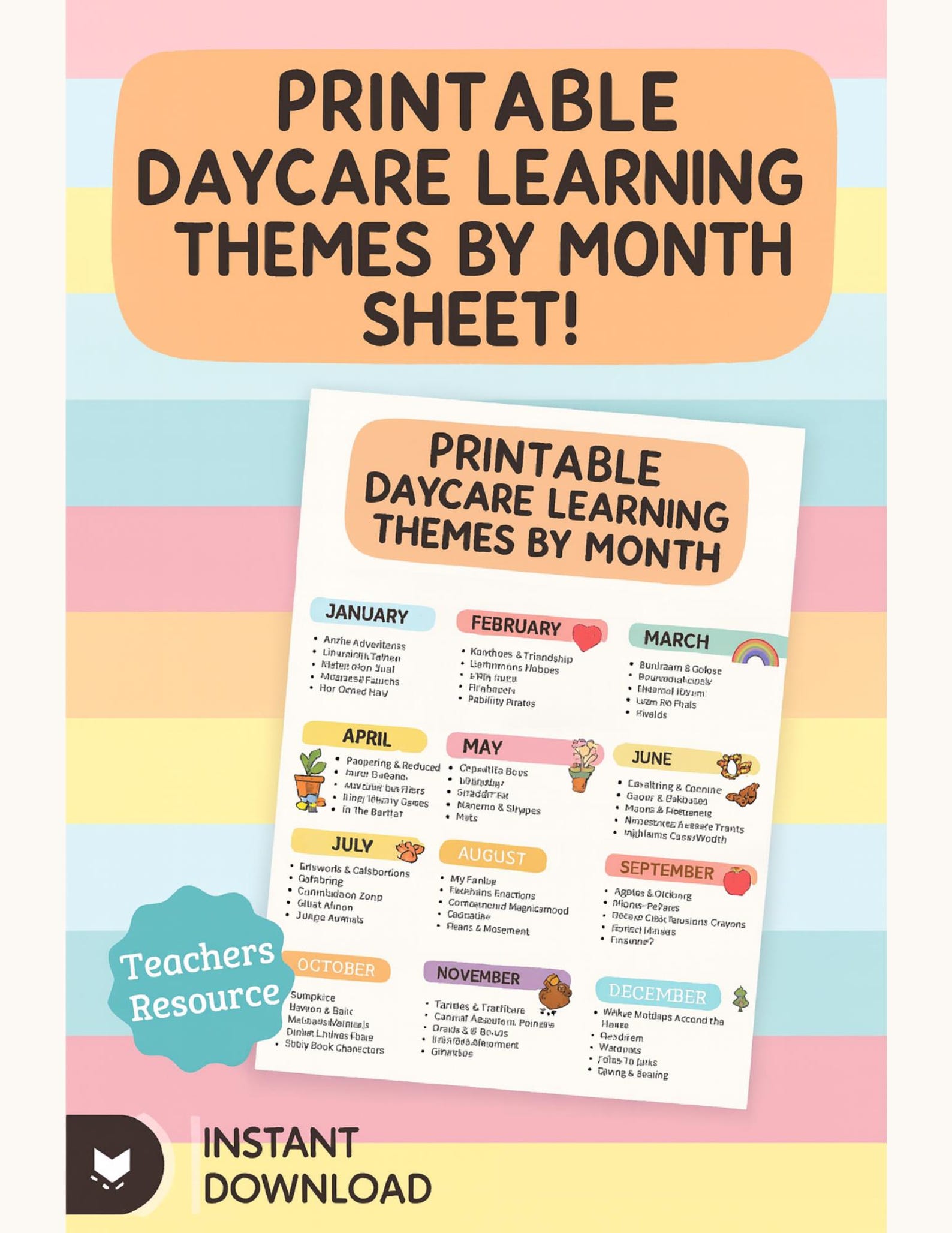 Daycare Learning Themes by Month Printable | Preschool & Toddler ...