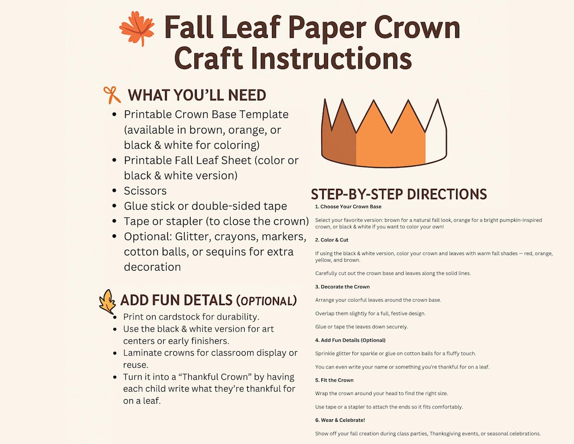 Fall Leaf Paper Crown Craft for Kids | Printable Autumn Headband ...