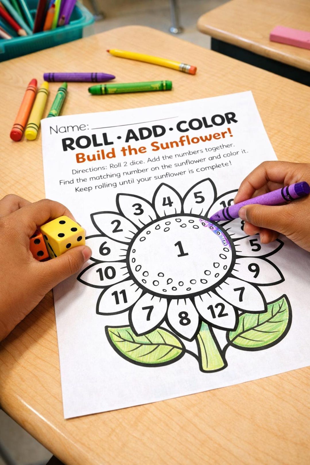 Sunflower Dice Addition Game | Roll, Add, Color Math Worksheet ...
