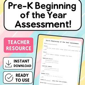 Pre-k Assessment Worksheet: Beginning of Year Printable (instant ...