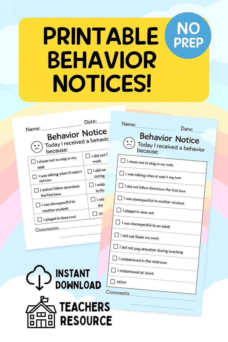 Printable Classroom Behavior Notices: Student Conduct Forms (digital ...