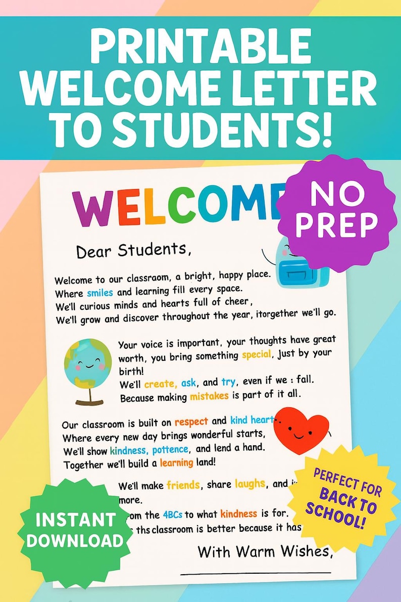 Welcome Letter for Students: Printable Classroom Note (PDF, 8.5x11in - Etsy