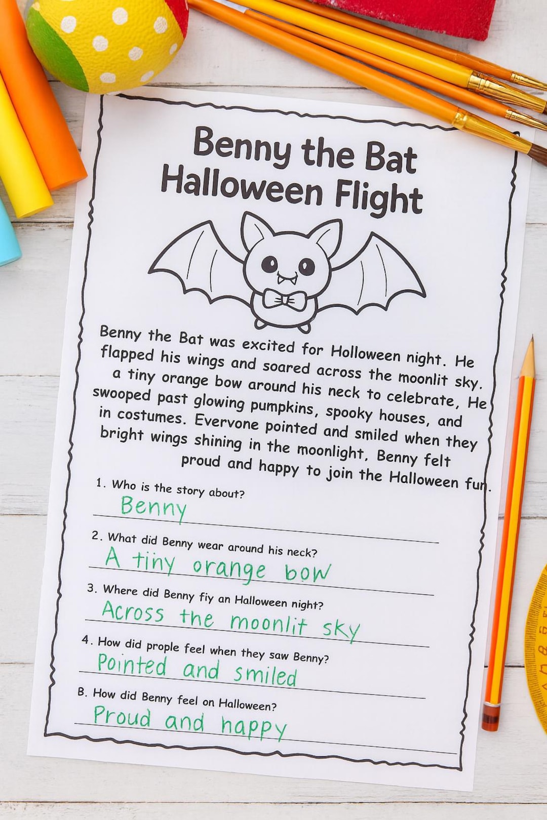 Printable Halloween Reading Comprehension Worksheet | Fun Bat Theme for ...