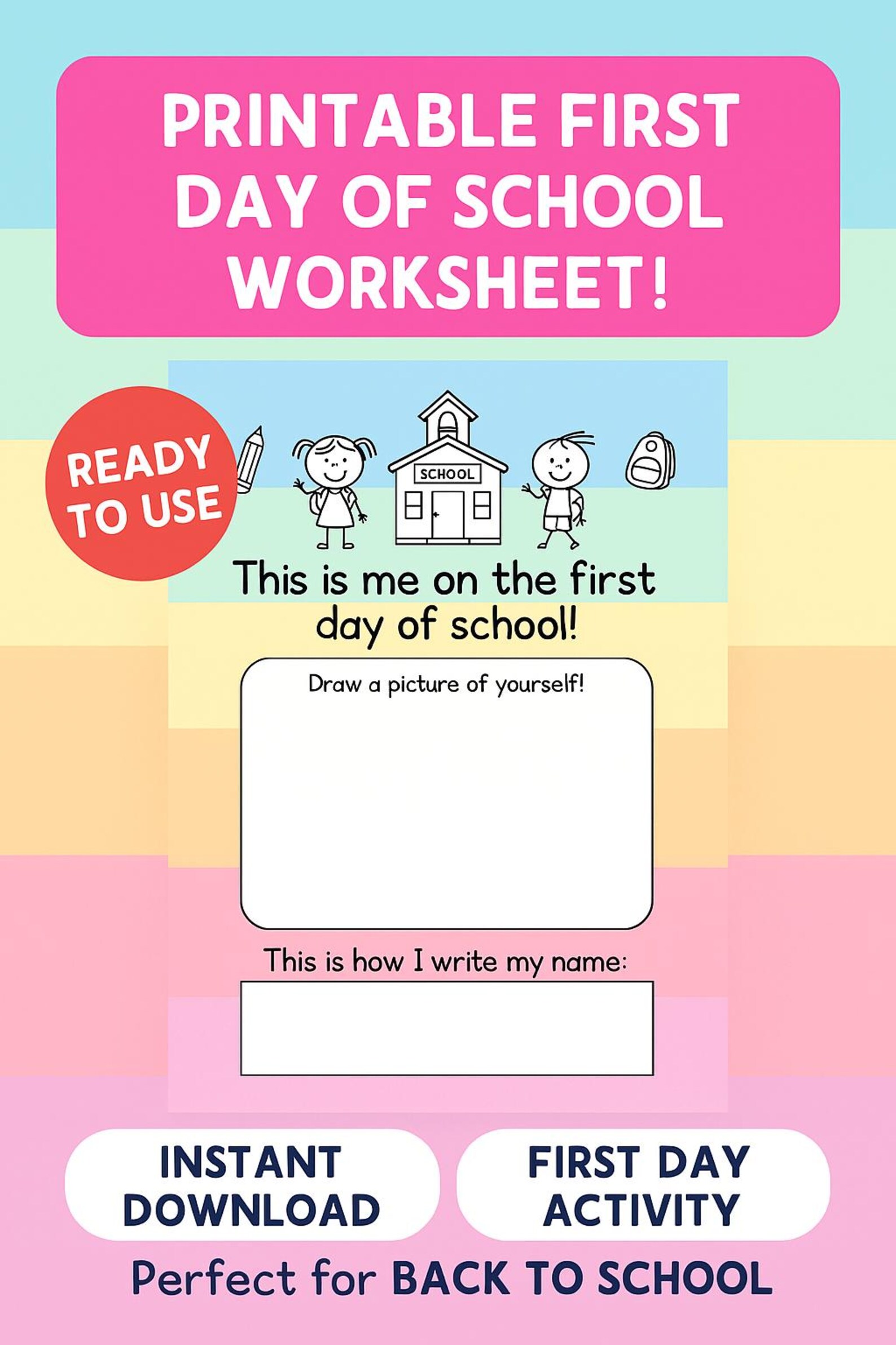 First Day of School Worksheet: Drawing & Name Practice (printable US ...