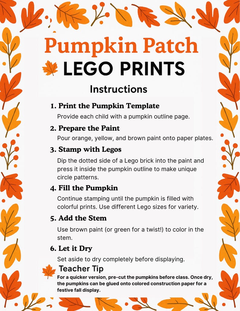 Printable Pumpkin Patch Lego Prints Craft | Fall Classroom Activity for ...