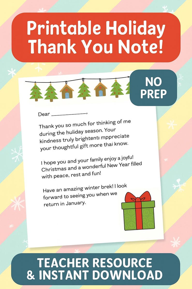 Teacher Holiday Thank You Note – Printable Student Gift Letter - Etsy