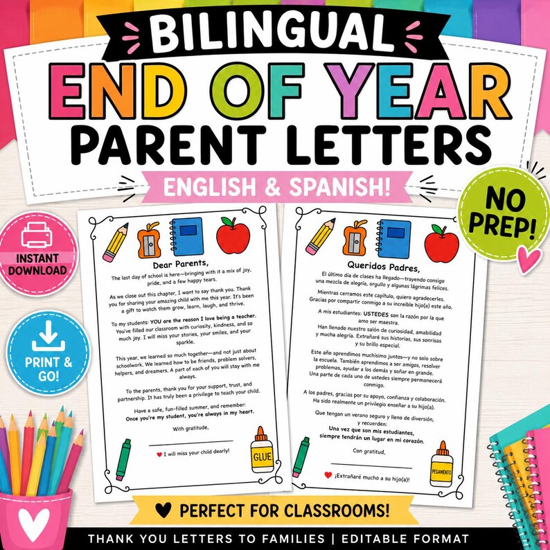 Bilingual End of Year Parent Letters | English & Spanish - Etsy