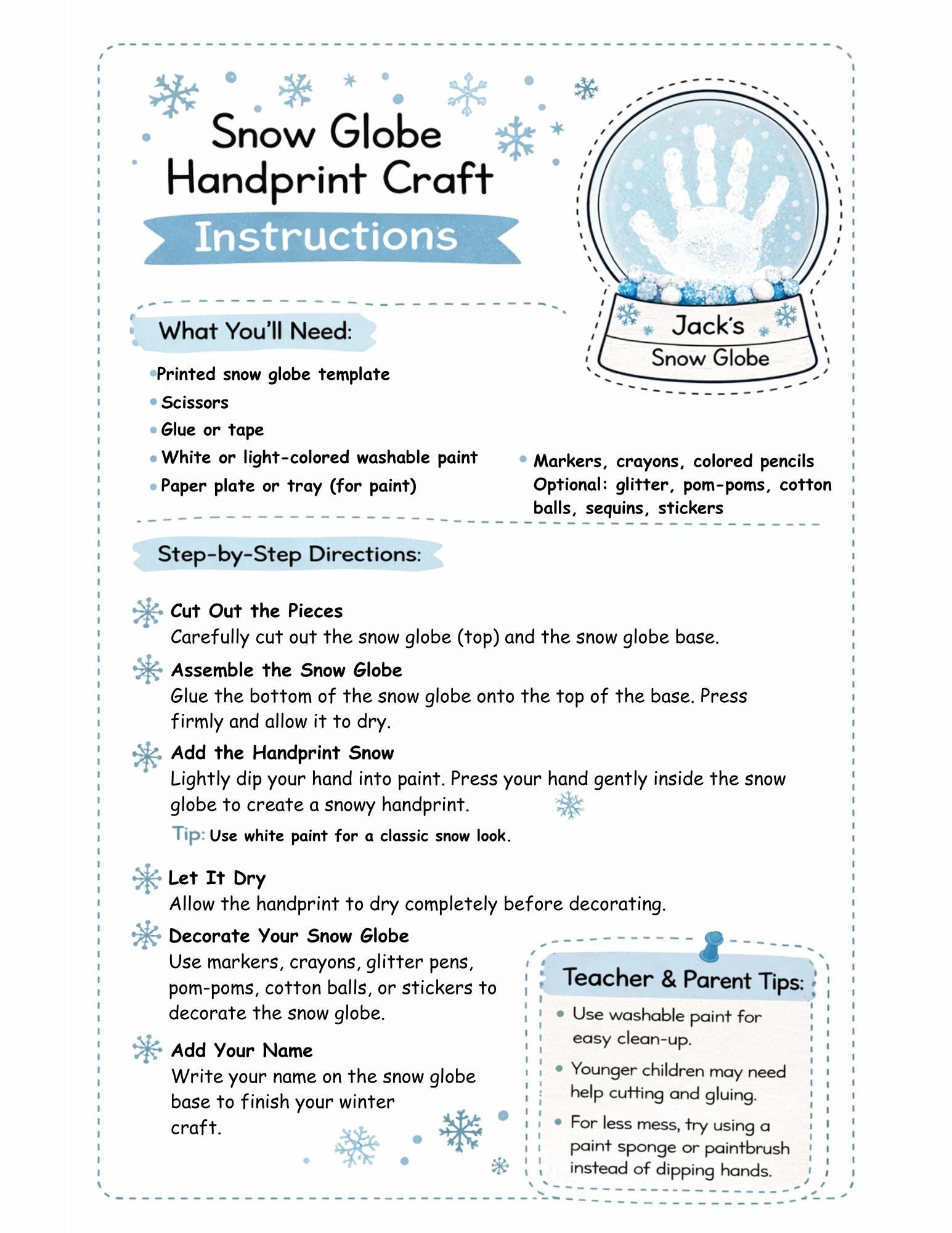 Snow Globe Handprint Craft – Winter Classroom Activity - Etsy Canada