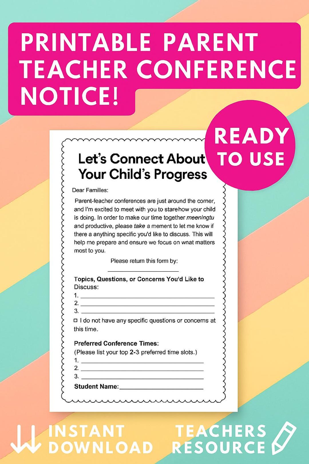 Printable Parent Teacher Conference Form School Communication Tool for ...